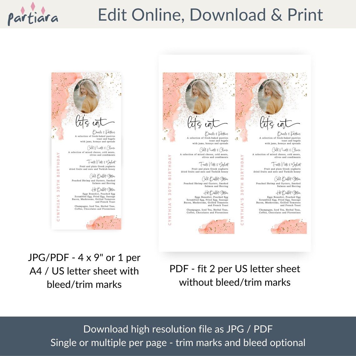 Blush Pink Gold Menu Cards Printable Teen Girls Ladies Birthday Photo ...