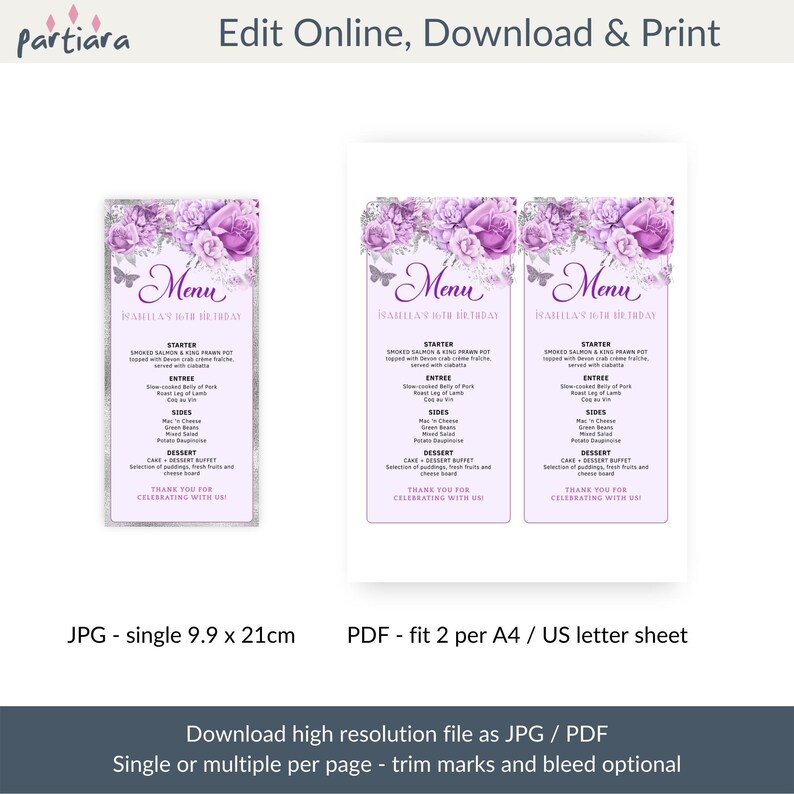 Purple Floral Menu Template, Birthday Butterfly Sweet 16 Menus ...