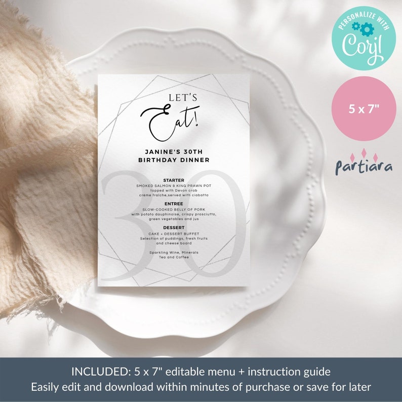 Birthday Menu Template Men or Ladies 30th 40th 50th 60th - Etsy