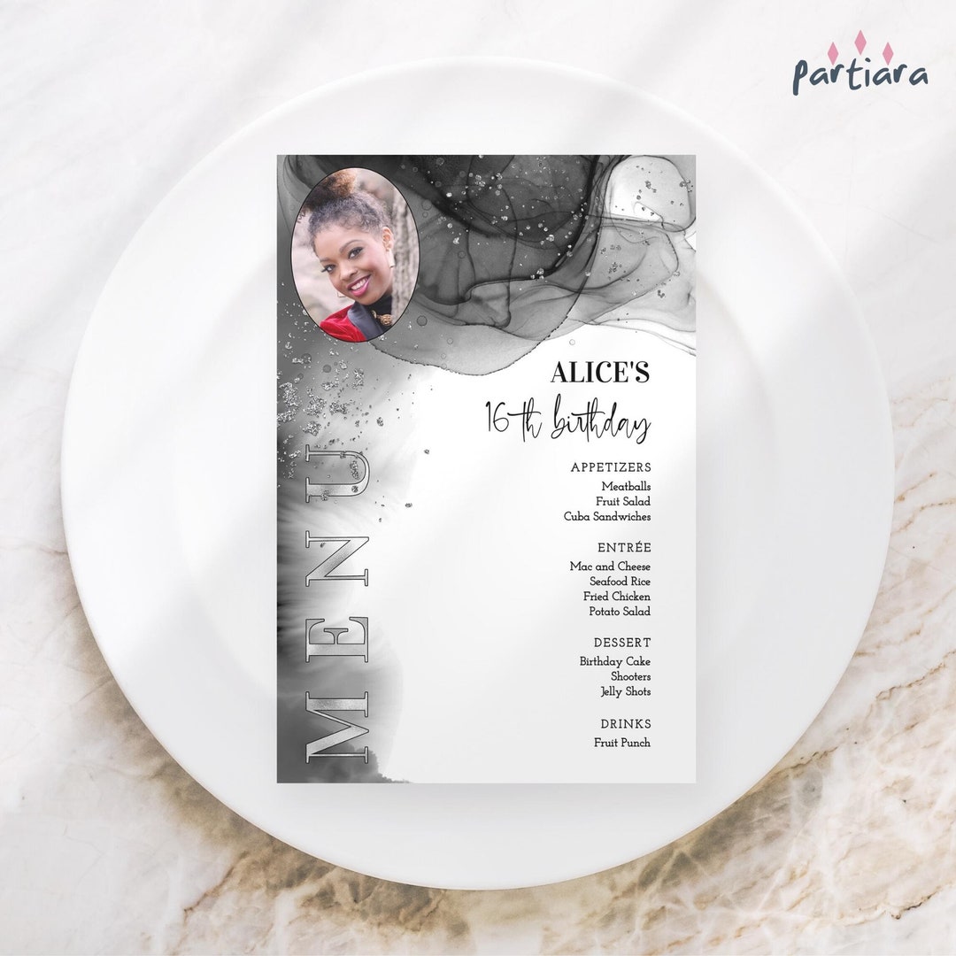 Birthday Menu Photo Template Shades of Black Dinner Party Table Menus ...