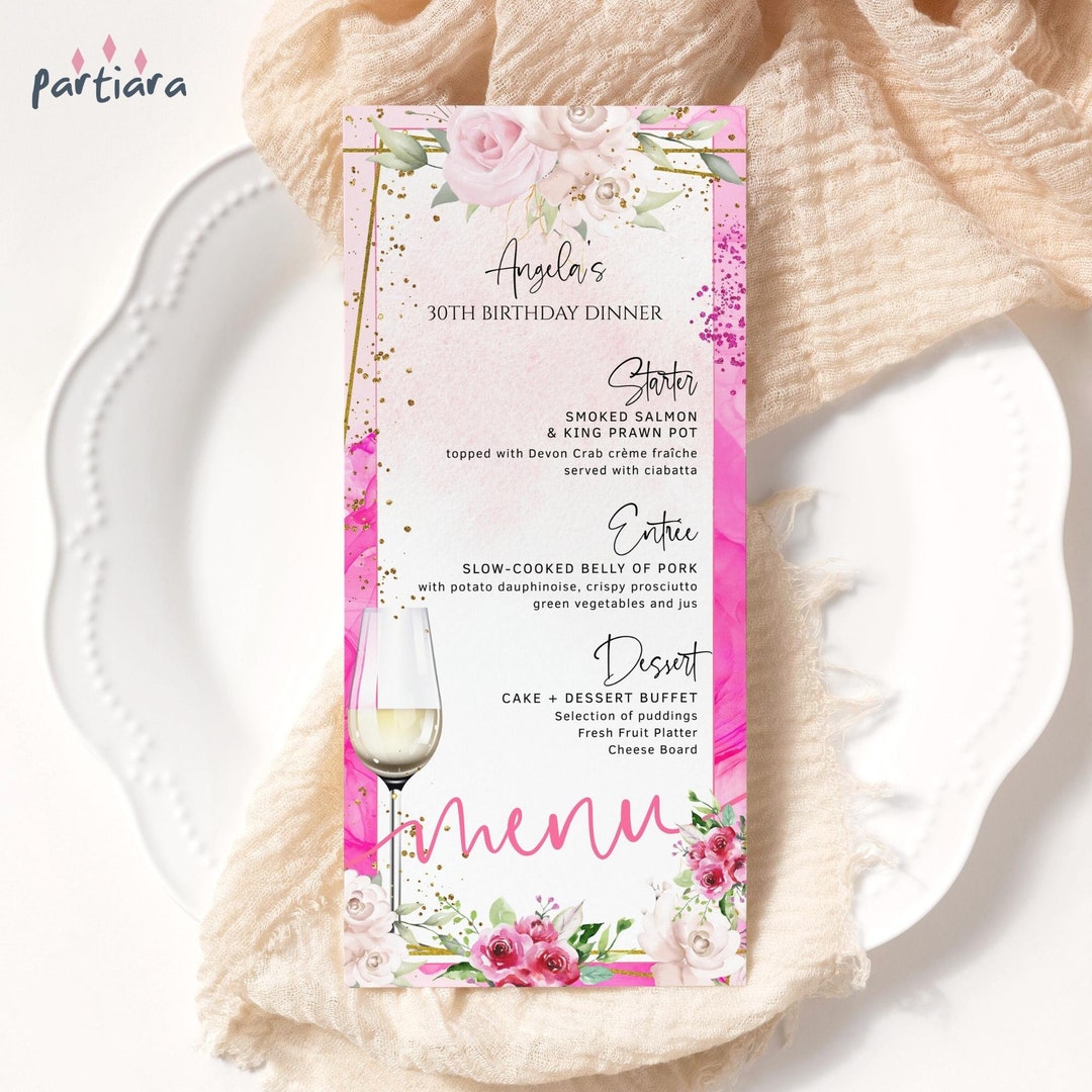 Pink Floral Ladies Menu Card Printable 30th 40th 50th Birthday Brunch ...