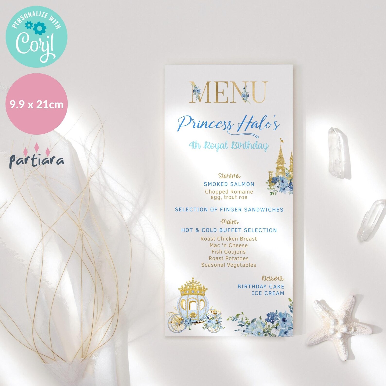 Princess Menu Card Printable, Birthday Fairytale Menus for Girls, Blue ...