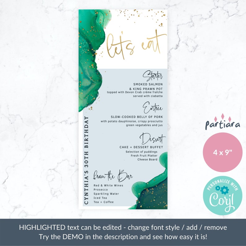 Birthday Menu Card Emerald Green and Gold Party Table Menus | Etsy