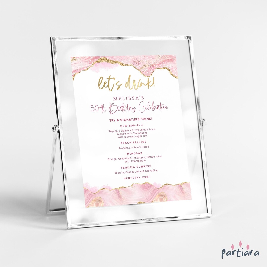 Candy Pink Gold Signature Drinks Menu Printable Ladies Birthday ...