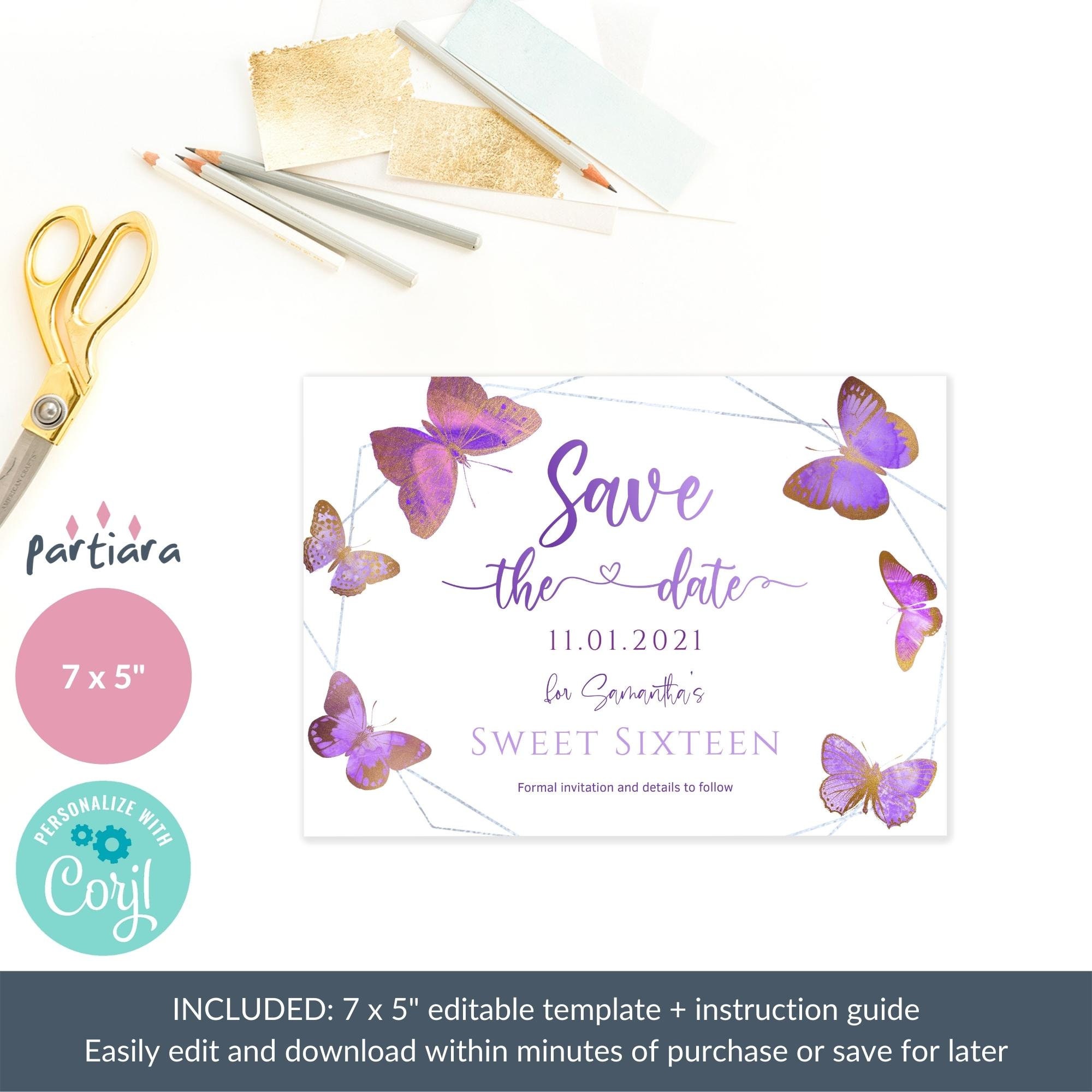 Editable Save the Date Card Birthday Butterflies Party Announcement ...