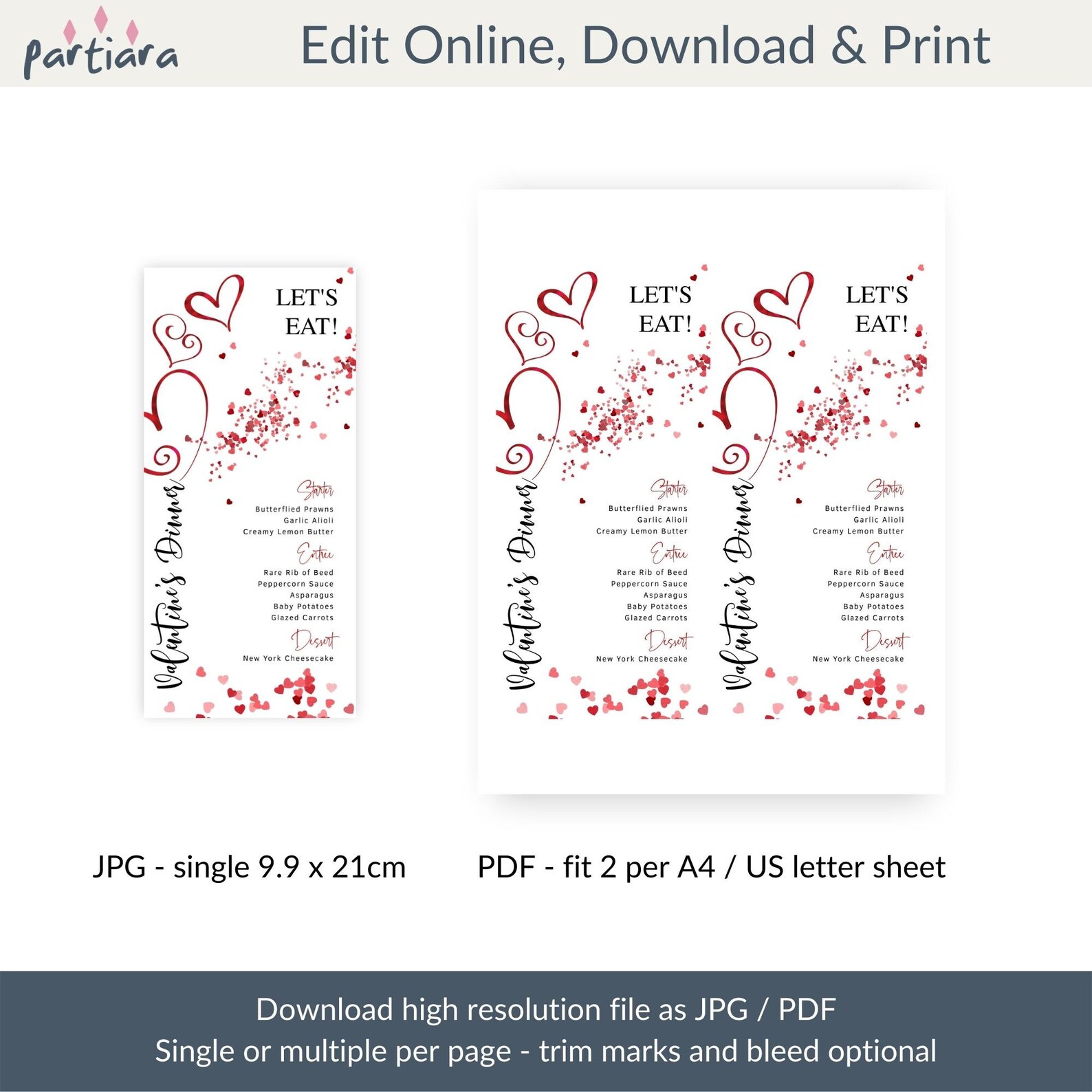 Valentines Day Menu Printable Red Hearts Dinner Party Menus - Etsy