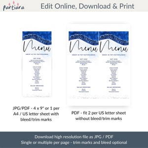 Royal Blue Menu Template, Birthday Dinner Party Menus Printable, Men or ...