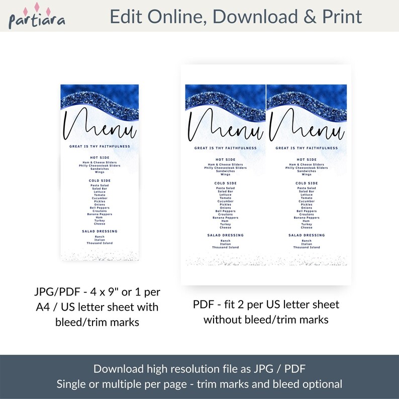 Royal Blue Menu Template, Birthday Dinner Party Menus Printable, Men or ...