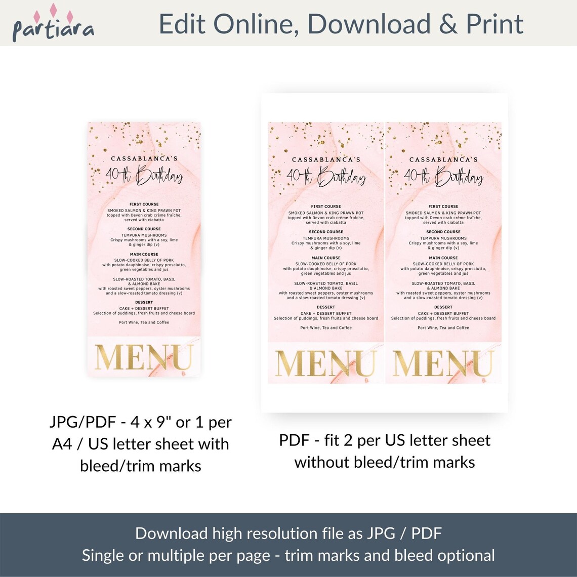 Pink Brunch Menu Card Editable Template, Birthday Dinner Menus ...