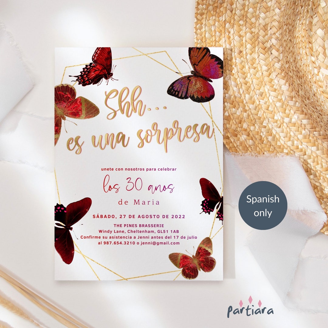 Spanish Surprise Party Invitation, Ladies Red Gold Butterfly Fiesta ...