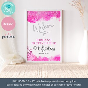Pink Silver Welcome Sign 40th Birthday Poster Printable, Girls Hot ...