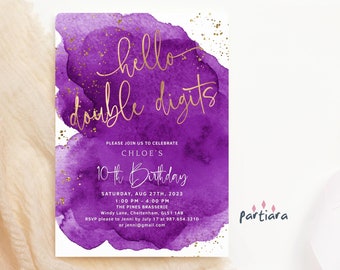 Purple and Gold Double Digits Invitation 10th Birthday - Etsy