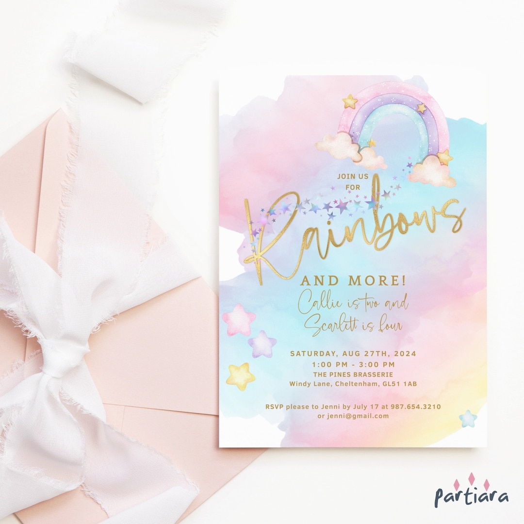 Rainbow Birthday Invitations, Girls Joint Rainbows Party Invite ...