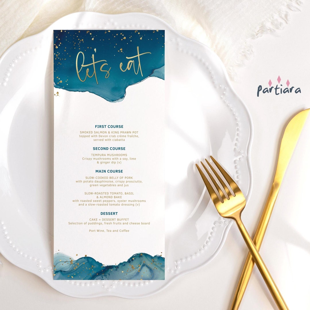 Teal Gold Party Table Menu Printable Ladies Mens Teens Birthday Dinner ...