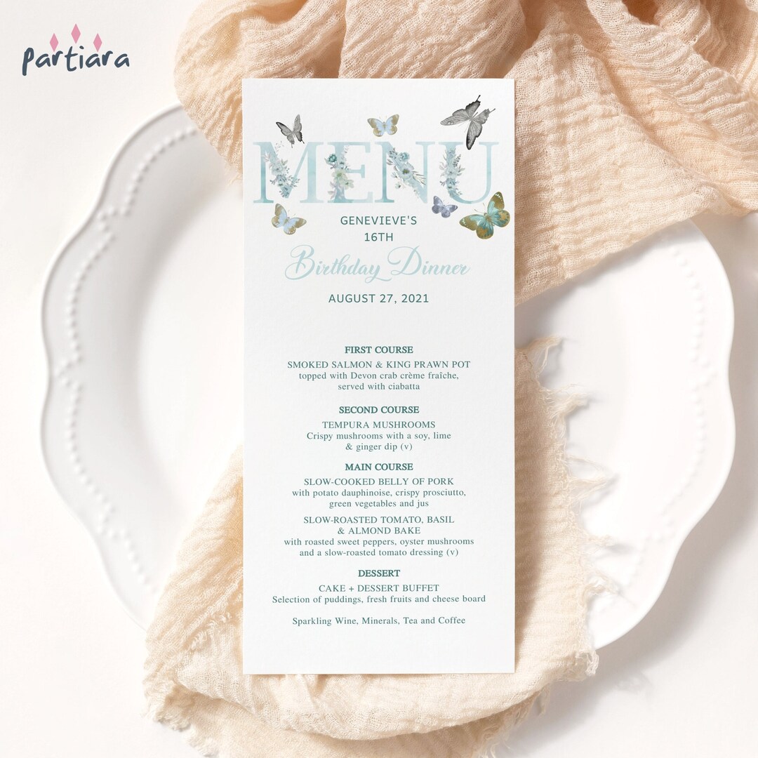 Butterfly Menu Editable Template Birthday Menus Printable Sage Green ...