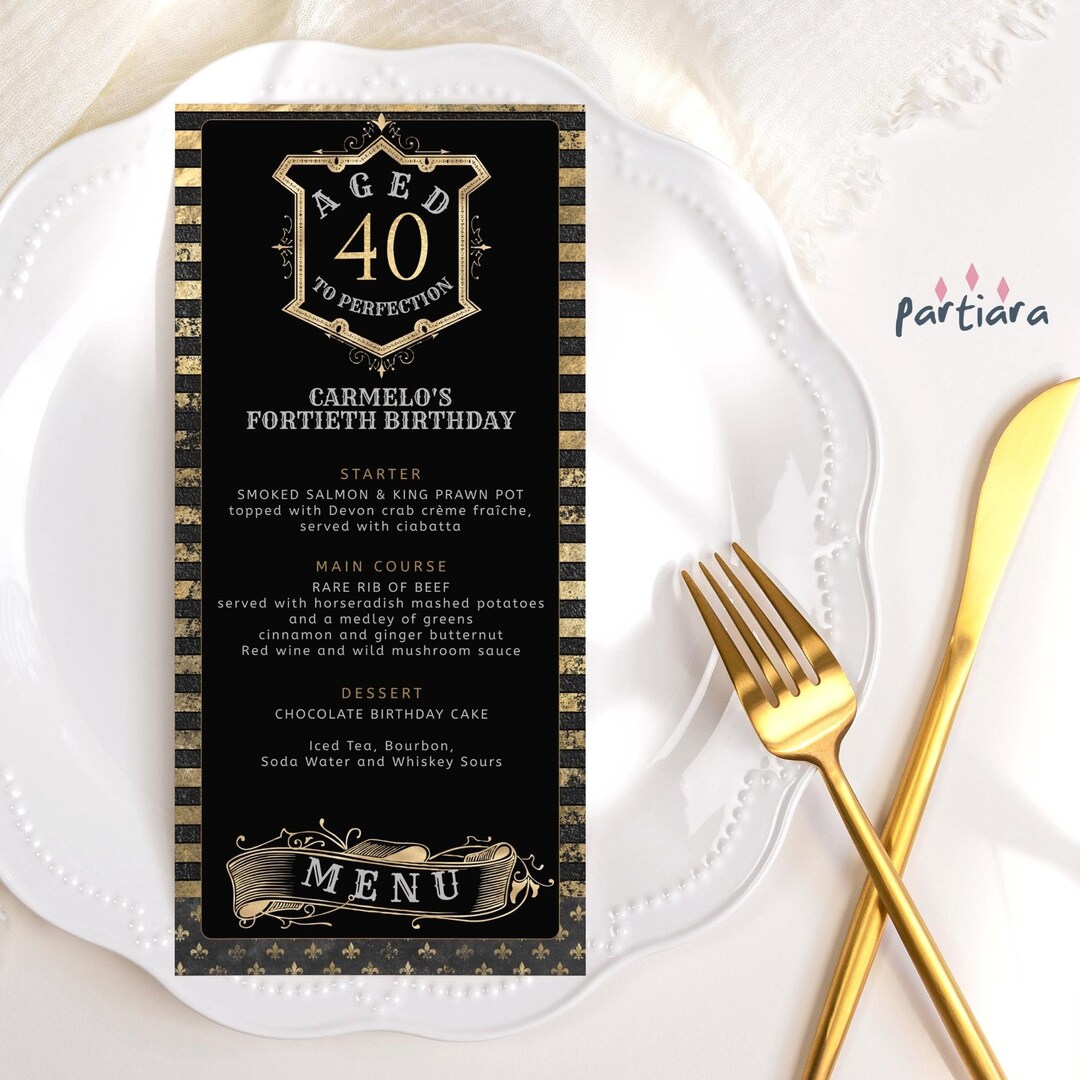 Birthday Menu Card, Mens Dinner Party Menus Printable, Aged to ...