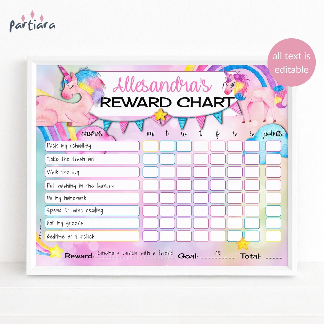 Toddlers Reward Chart Unicorn Template, Responsibility Tasks Schedule ...