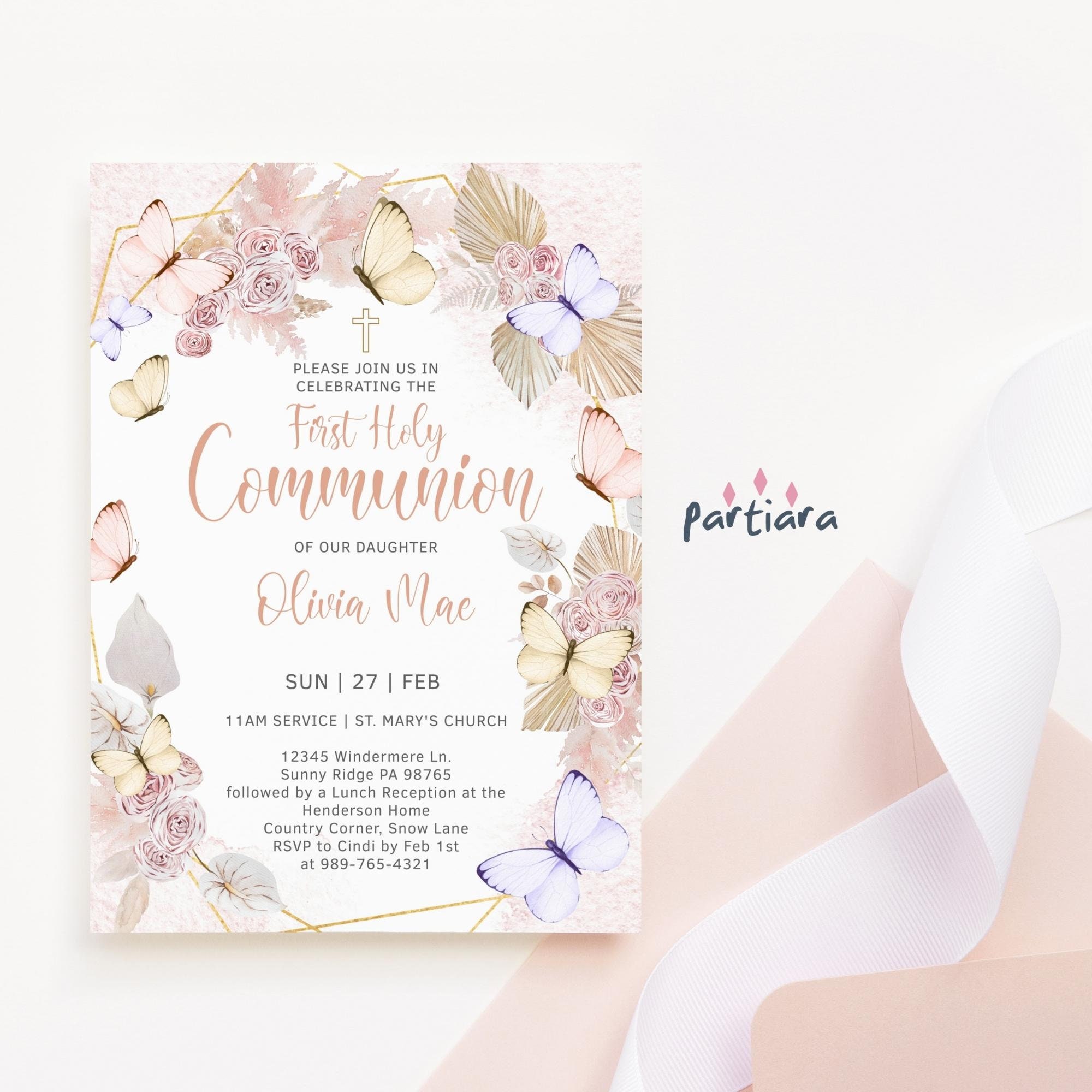Girl First Holy Communion Invitation Butterfly Floral Editable - Etsy