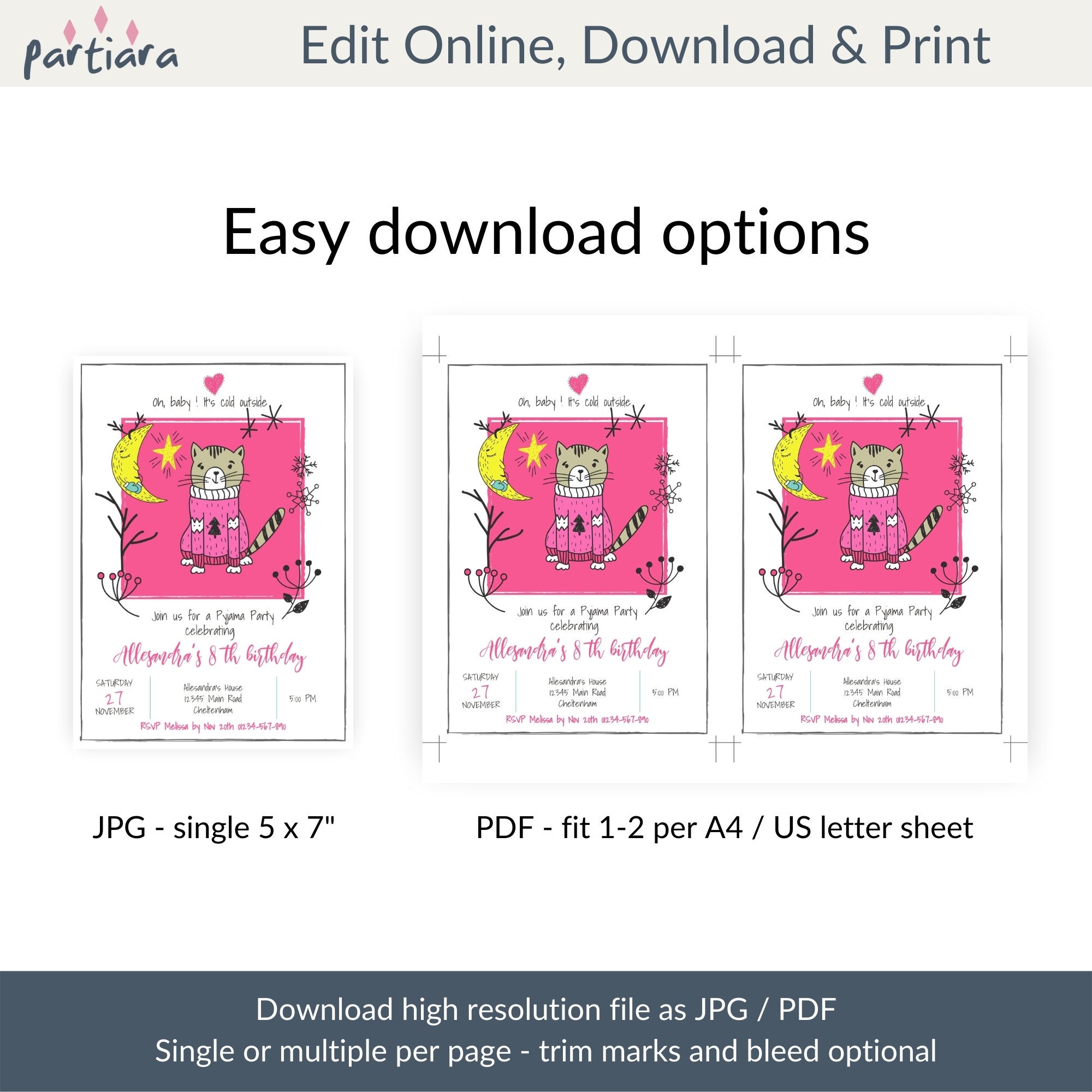 Birthday Kitty Cat Sleepover Party Invite Girl Winter Holidays - Etsy