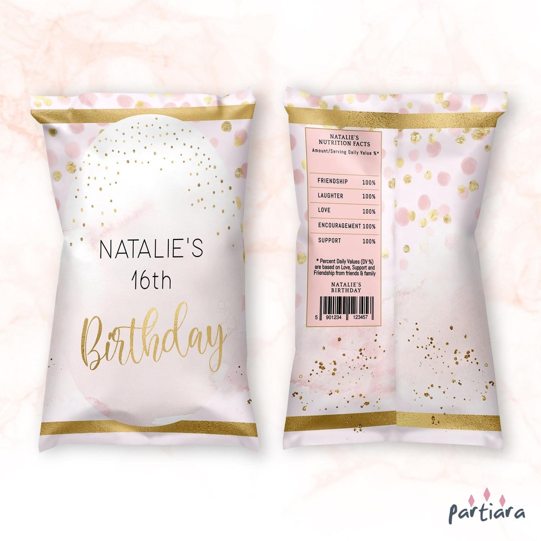 Girls Birthday Chip Bags Blush Pink Gold 1st Birthday Party Favor ...