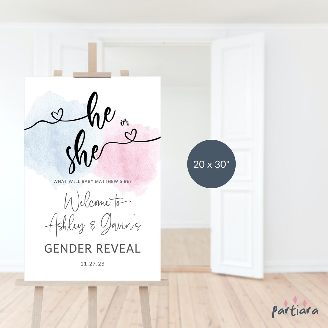 Gender Reveal Welcome Sign He or She Printable What Will Baby Be Couple ...