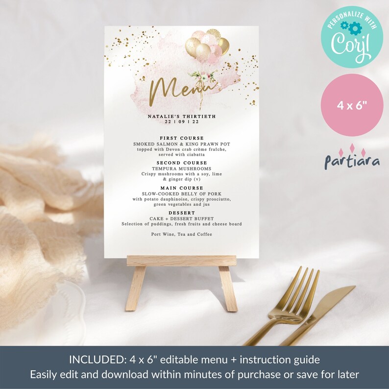 Girls Party Menu Card Template, Birthday Brunch Menus Printable, Ladies ...