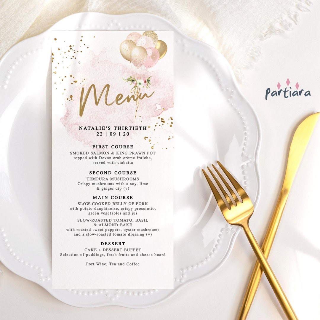 Pink Gold Birthday Menu Printable Ladies Brunch Party Menus - Etsy Canada