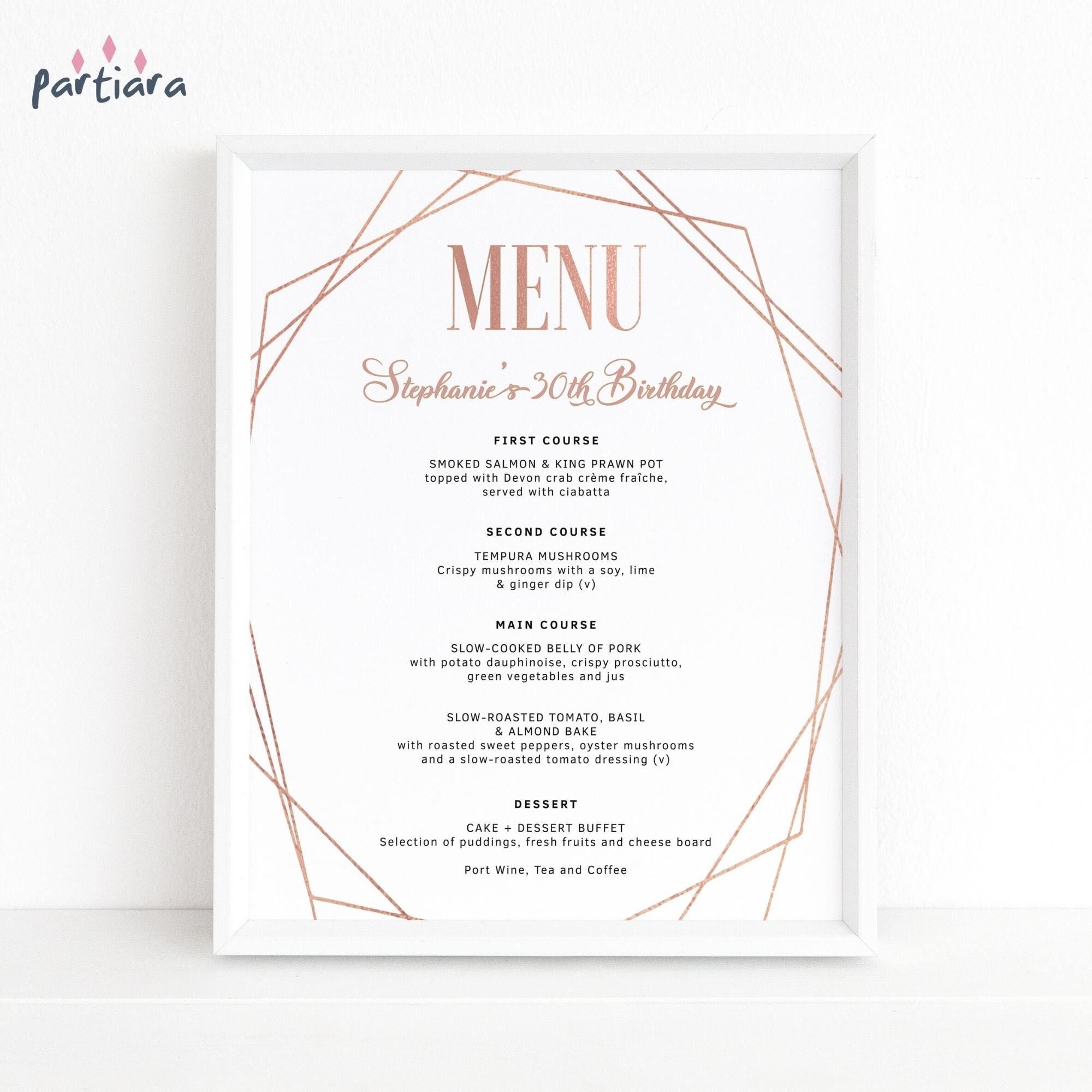 Rose Gold Menu Table Sign Printable Ladies Birthday Menus | Etsy UK