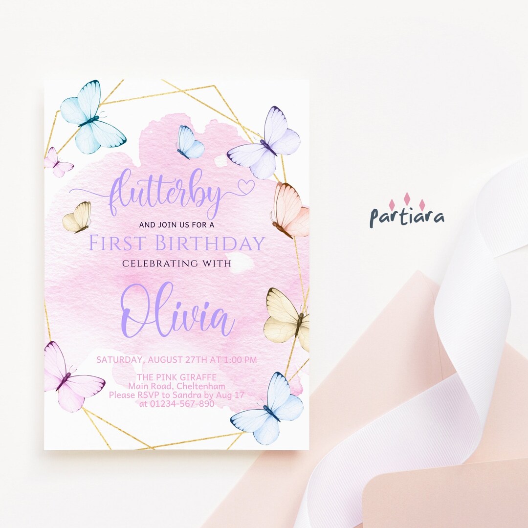 Baby Girl Butterfly Birthday Invite 1st Birthday Party Invitations ...