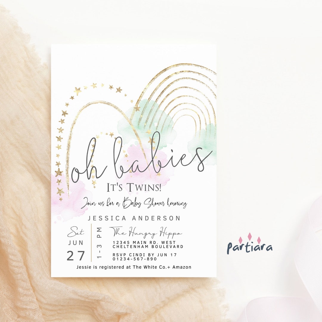 Rainbow Baby Shower Invite for Twins, Twins Baby Invitation Template ...