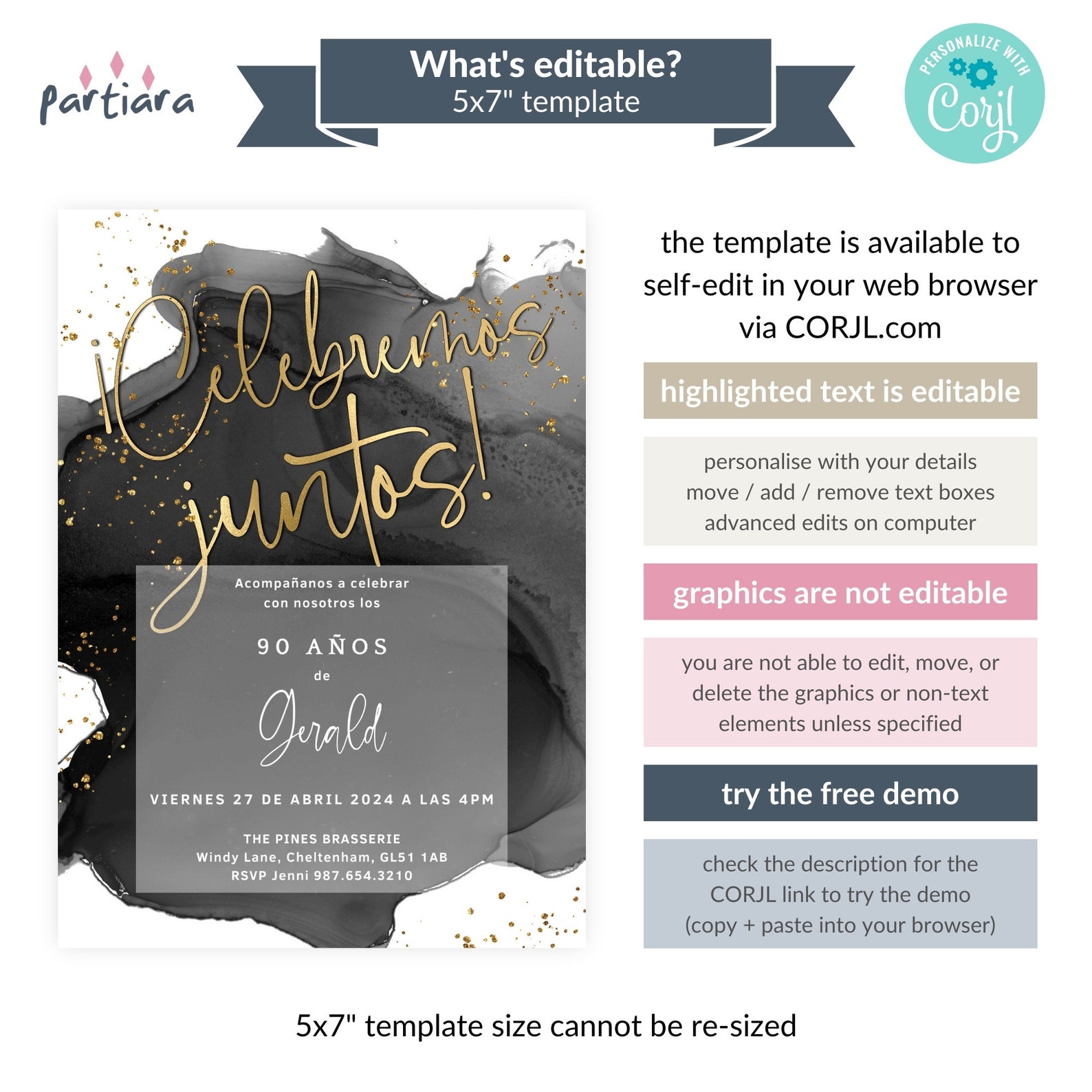 Editable Spanish Birthday Invitation Template, Black and Gold Ladies or ...