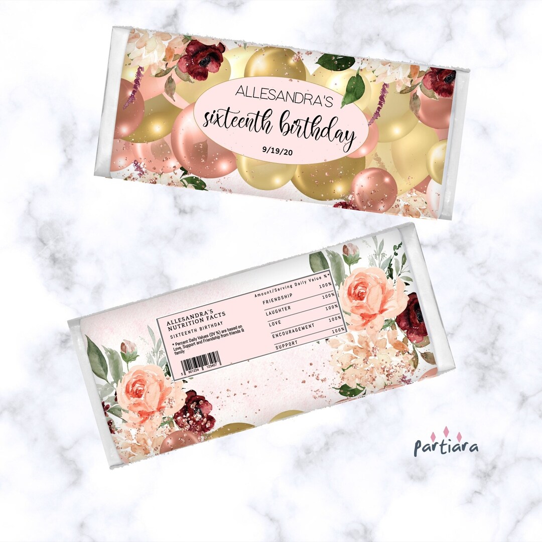 Sweet 16 Candy Label Template, Girl 16th Birthday Chocolate Bar Favors ...