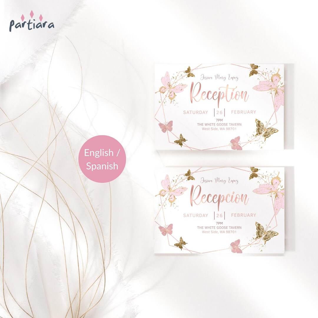 Quinceanera Reception Cards Butterfly Birthday Party Printable, Spanish ...