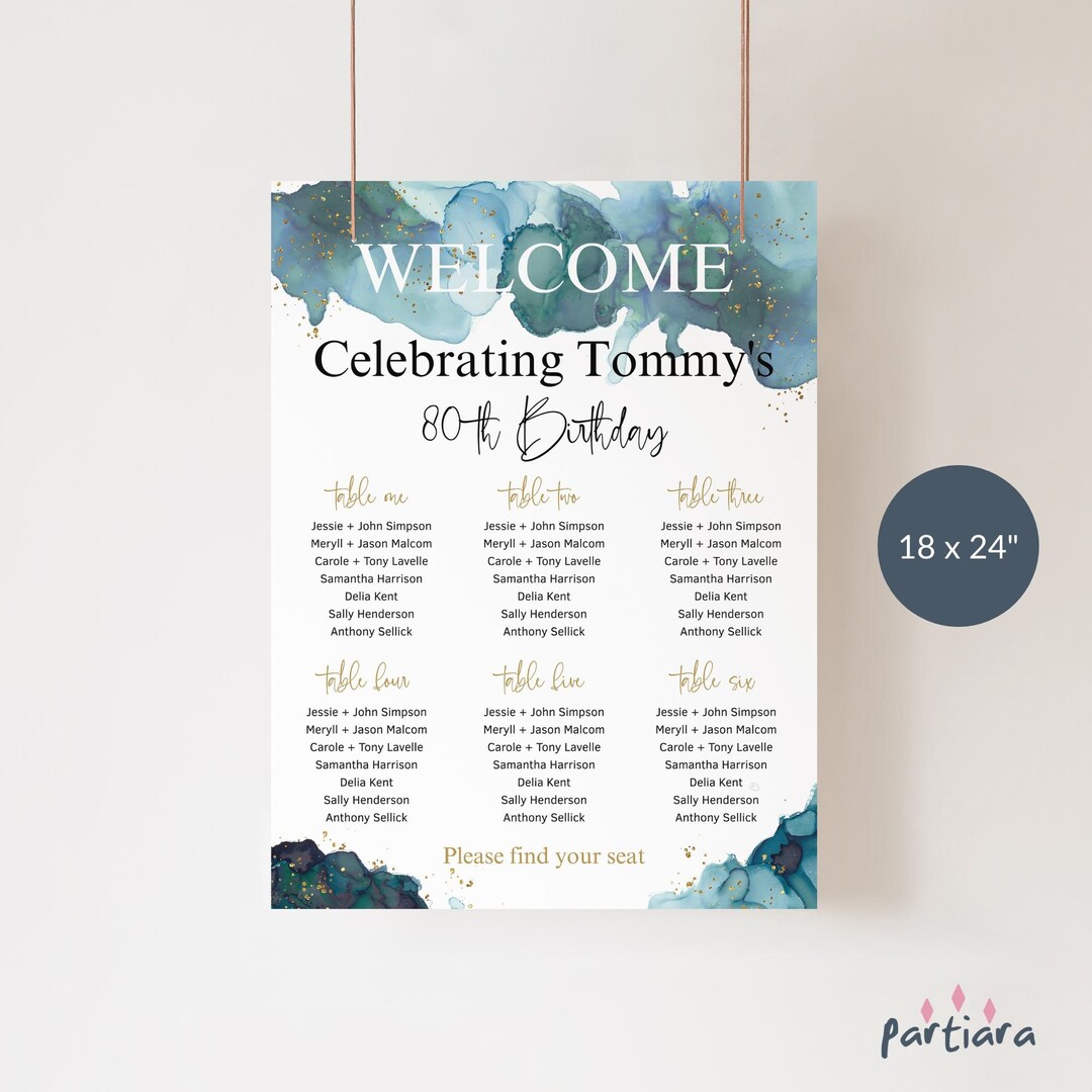 Seating Sign Printable Teal Blue Gold Birthday Dinner Party Tables ...