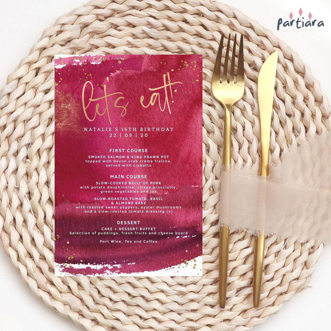 Ruby Red Gold Menu Editable Christmas Holidays Valentines Day Birthday ...