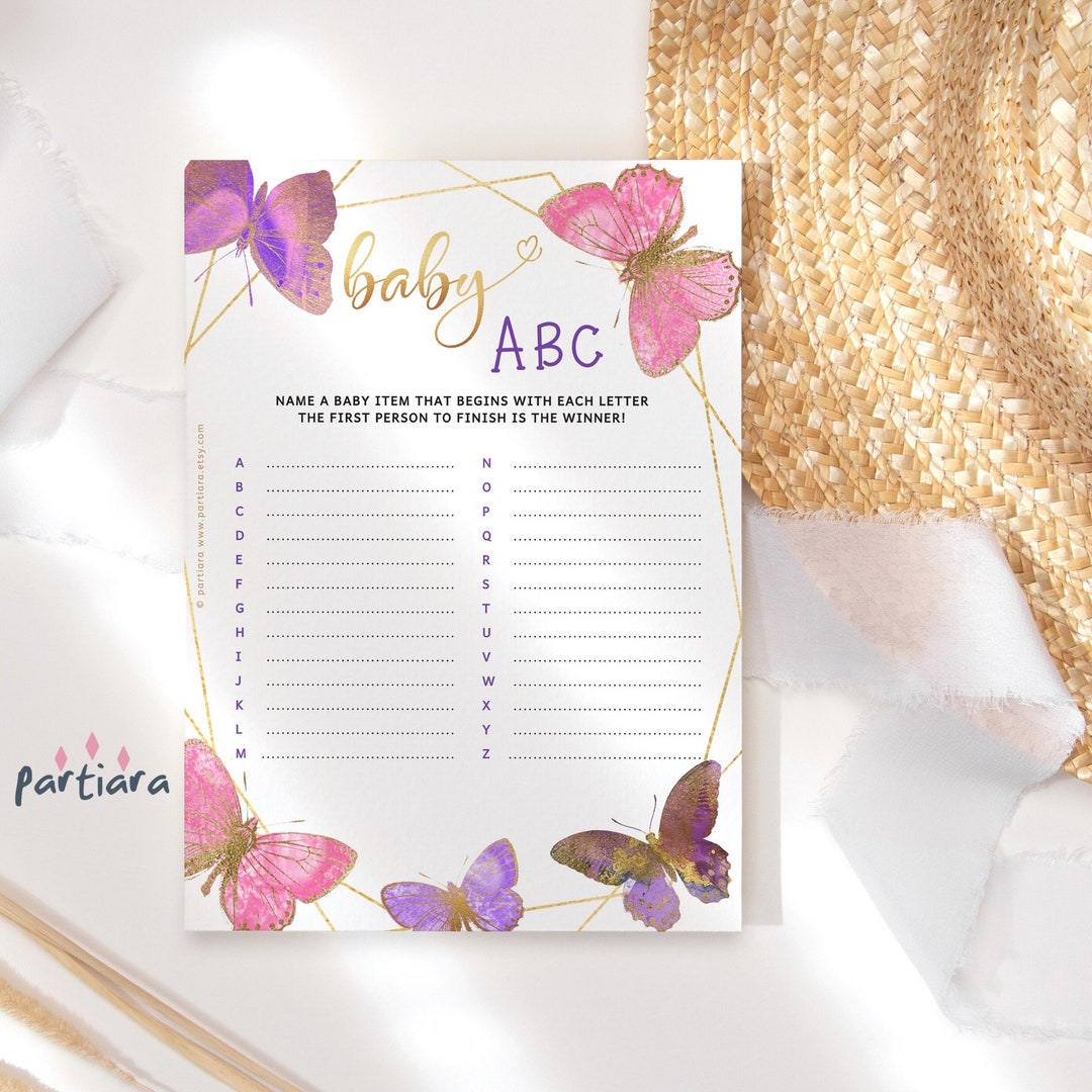 Butterfly Baby Shower Games, ABC Nursery Items Quiz Game Card Printable ...
