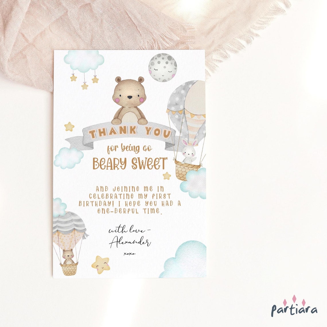 Teddy Bear Birthday Thank You Card Printable up up Away Hot - Etsy