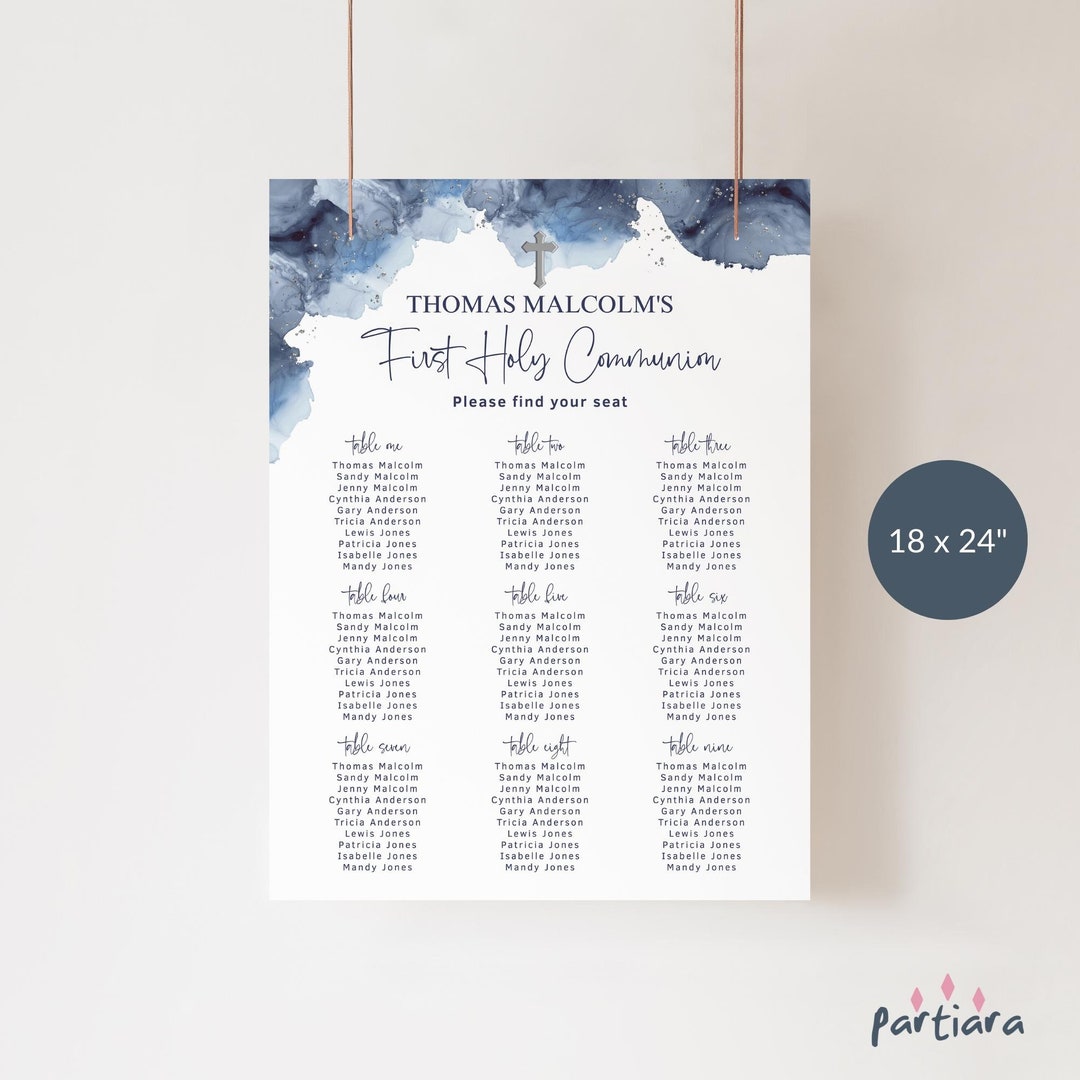 Blue Communion Seating Chart Printable, Boys First Holy Communion Table ...