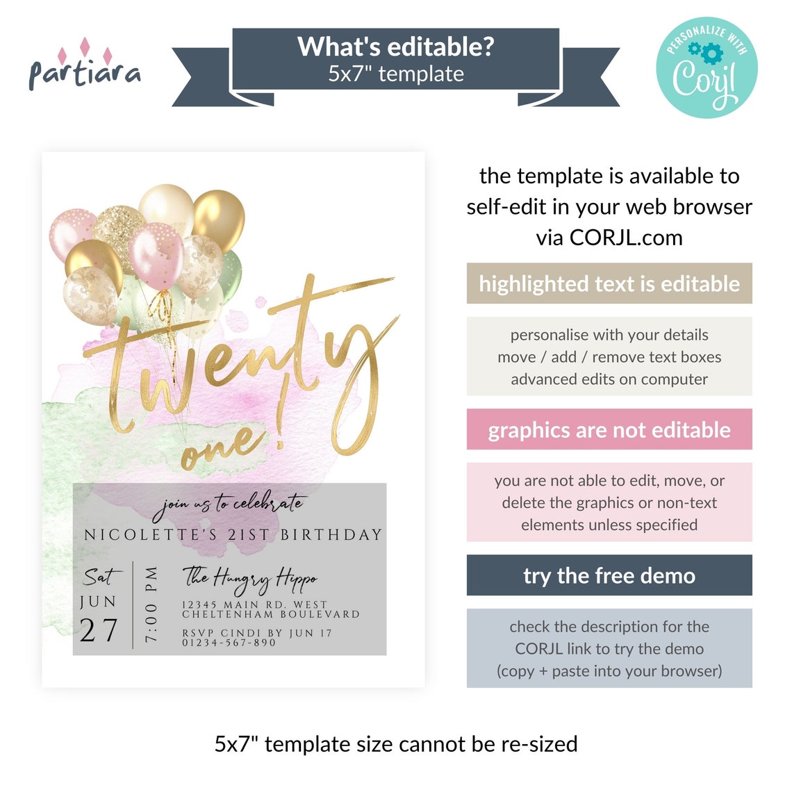 Editable 21st Birthday Invite Template for Ladies, Dinner Dance Party ...