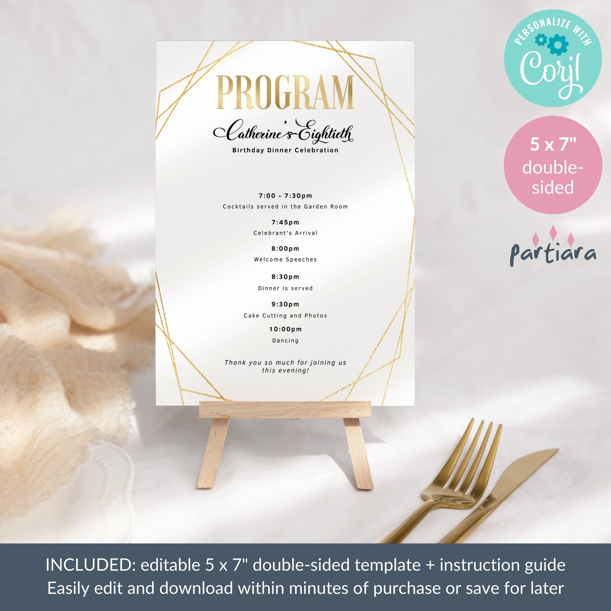Birthday Program Template With Menu Card, All White Gold Dinner Party ...