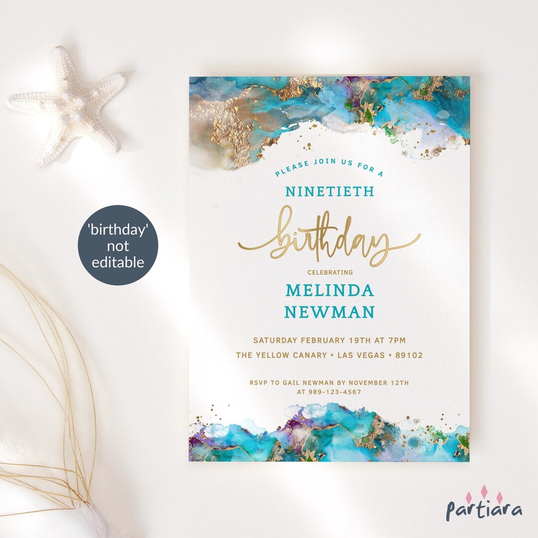 Teal Birthday Invitation Template, Editable Summer Party Invite ...