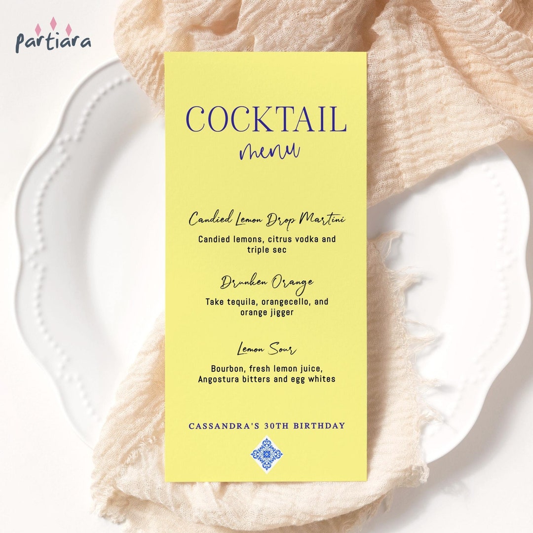 Mediteranean Cocktail Menus Birthday Menu Cards Citrus Lemon Bridal ...