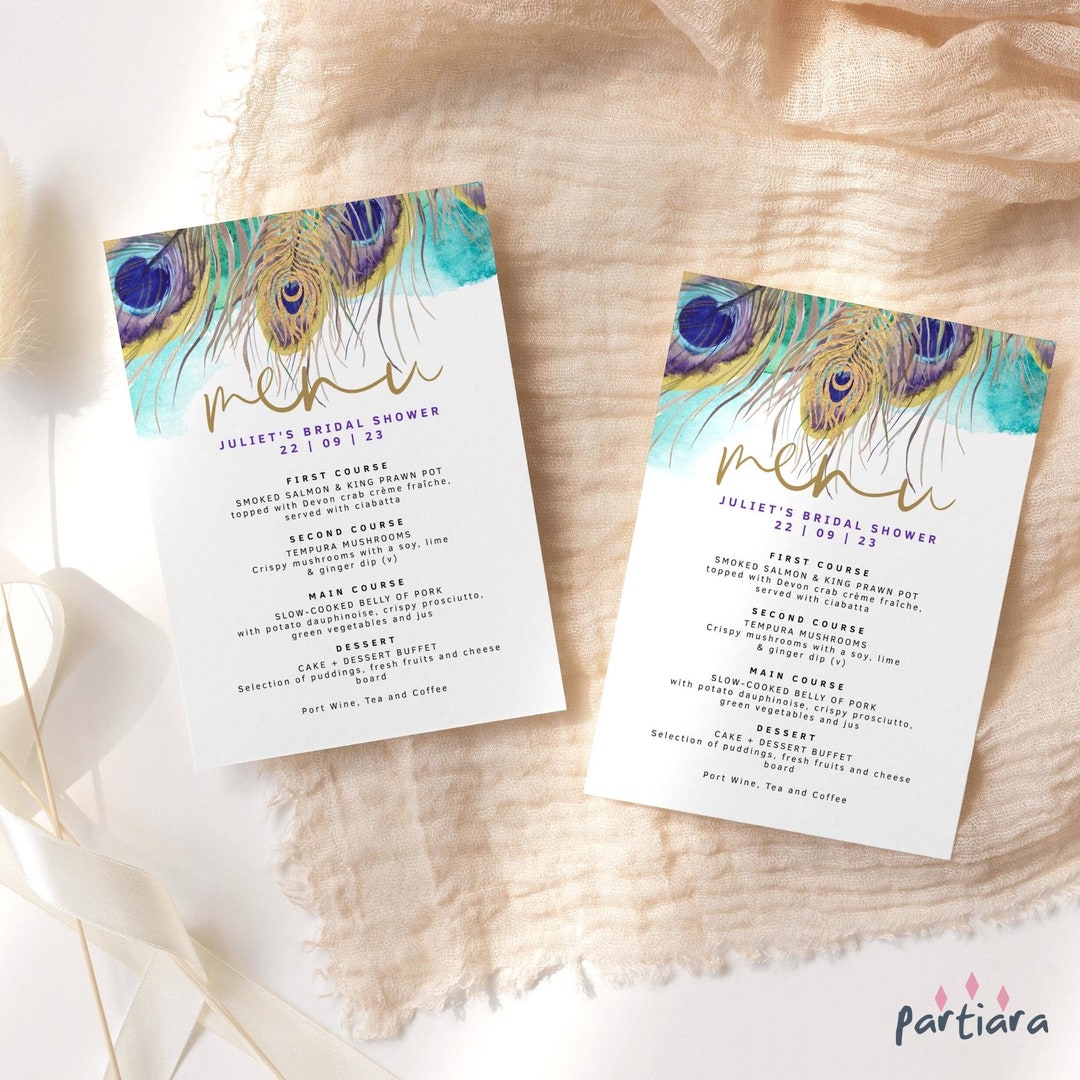 Editable Peacock Menu Template Wedding Reception Menus Bridal Shower ...