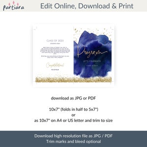 Graduation Program Template, Royal Blue Grad Dinner Programs Printable ...