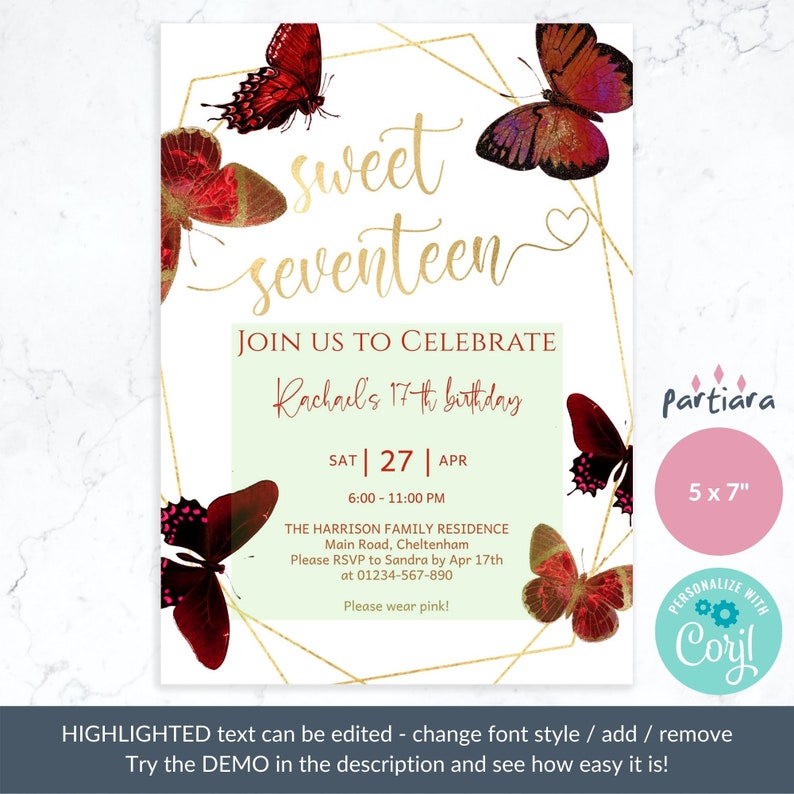 17th Birthday Invitation Printable Girl's Sweet Seventeen - Etsy UK
