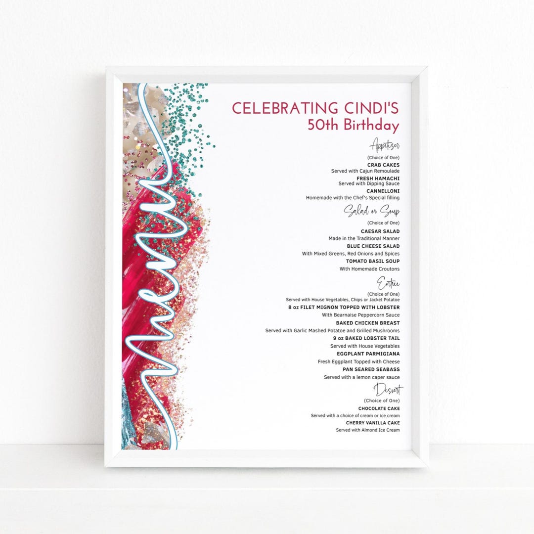 Sweethearts Menu Sign, Birthday Tasting Dinner Party Menus Printable ...