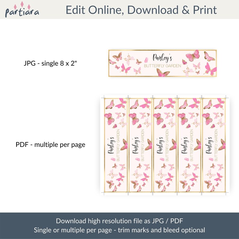 Girl Butterflies Water Bottle Label Editable Blush Pink Gold - Etsy