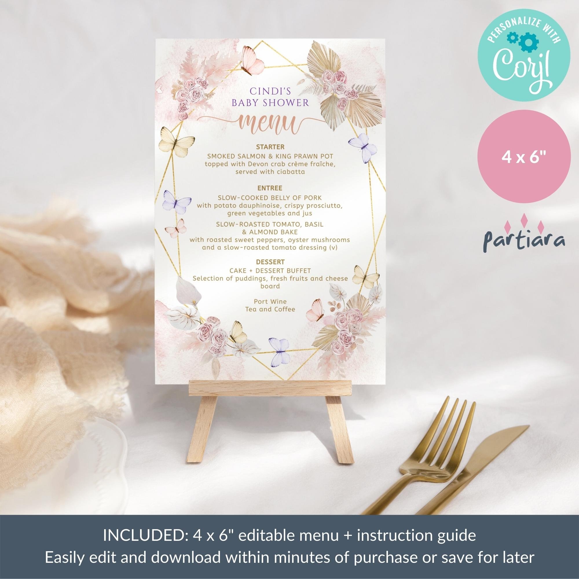 Butterfly Baby Shower Menu Card Template, Girls Boho Birthday Party ...