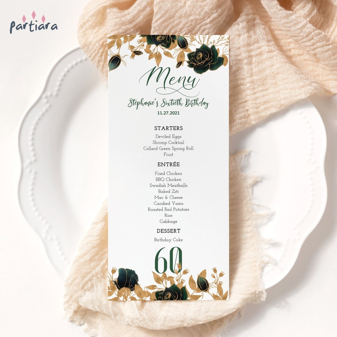 Birthday Menu Card Emerald Green and Gold Party Table Decor, Floral ...