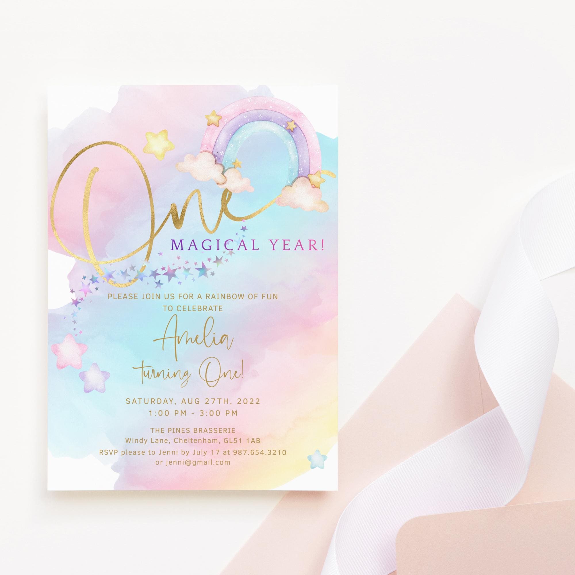 One Magical Year 1st Birthday Invite Girl Pastel Rainbow Tea Party ...